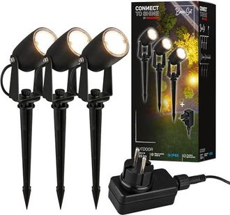 Briloner Connect to Shine 12V Gartensystem 3er Set LED Strahler mit Erdspieß, Basisset mit Trafo, IP65, warmweißes Licht, Gartenbeleuchtung, LED Gartenstrahler