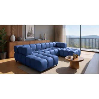Fun M&ouml;bel Sofa Designersofa FLOW 3-Sitzer inkl. 2 x Polsterhocker Stoff Bluvel Blau