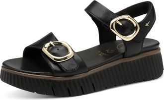 Tamaris Comfort Damen Sandalen flach aus Leder Plateau, Schwarz (Black), 37 EU