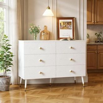 Furniture R Wei&szlig;er Midi- & Hochschrank mit Geometrischem Design, Moderne Wohnm&ouml;bel, Platzsparende Aufbewahrungsl&ouml;sung mit Sechs Schubladen, MDF und Spanplatte, Ho