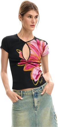 Desigual Femme, Tops, Noir, Taille: 42 FR T-shirt &agrave; Manches Courtes et Motif Floral avec Col Rond