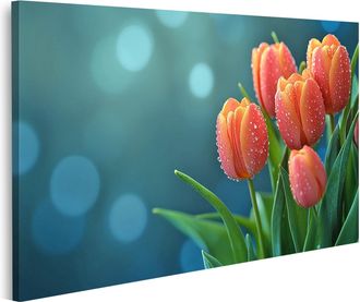 Islandburner Prime Bild auf Leinwand Taufrische orangefarbene Tulpen im Morgennebel f&uuml;r Wohnzimmer Natur- Blumenladen Bilder Wandbilder Poster