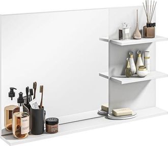 Kleankin Miroir de Salle de Bains avec 2 &eacute;tag&egrave;res lat&eacute;rales et Une &eacute;tag&egrave;re inf&eacute;rieure, Miroir Mural Moderne, MDF et Verre, 75x10x48 cm, Blanc