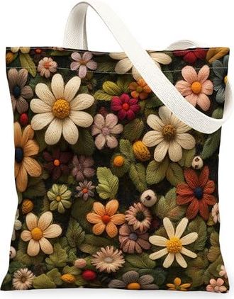Generic Sac fourre-tout en toile r&eacute;utilisable avec motif imprim&eacute; marguerite printani&egrave;re pour le shopping, 33 x 38 cm, motif floral tricot&eacute;, sac d&eacute;picerie, sac