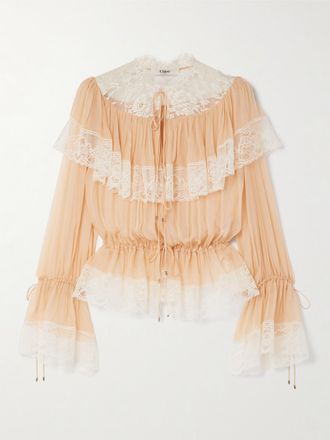 Chlo&eacute; Haut En Mousseline De Soie Biologique &Agrave; Volants Et &Agrave; Finitions En Dentelle - Orange