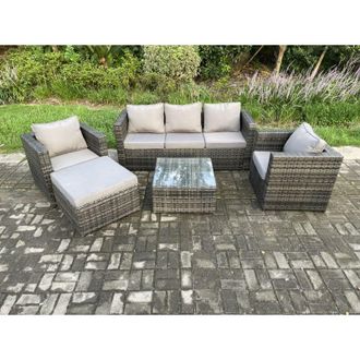Fimous Salon de jardin en rotin avec 2 Fauteuils Table basse carr&eacute;e grand tabouret M&eacute;lange gris fonc&eacute; - Fimous