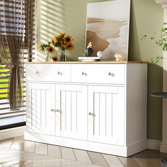 Generic Sideboard mit DREI Türen und Zwei Schubladen, moderner Aufbewahrungsschrank mit geprägter Oberfläche, silbernen Griffen und Soft-Close Scharnieren, St