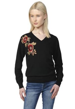Kor&ouml;shi Pull &agrave; manches longues avec col en V et fleur brod&eacute;e pour femme de couleur noire, de couleur noire, Noir, L