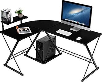 Giantex Bureau dOrdinateur en Forme de L, Table dAngle avec Plateau Spacieux et 2 &Eacute;tag&egrave;res Pratiques, Bureau Informatique de Style R&eacute;tro avec Pieds R&eacute;glables,