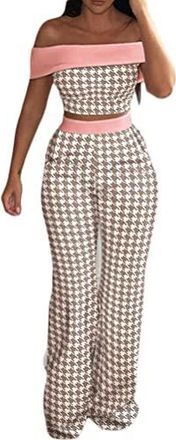 Minetom Femme 2 Pièces Vêtement Elégant Épaules Dénudées Imprimé Floral Haut Crop Top et Pantalon Survêtement Ensemble 2pcs A Rose XS