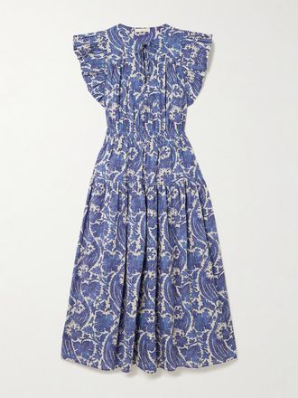 Ulla Johnson Robe Midi En Coton Mélangé À Imprimé Fleuri Et À Volants Kairi - Bleu