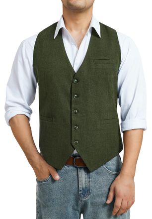 Hisdern Tweed Weste für Herren Anzug Westen Vintage Wolle Anzugweste Fischgrätmuster Herrenweste Grün 3XL