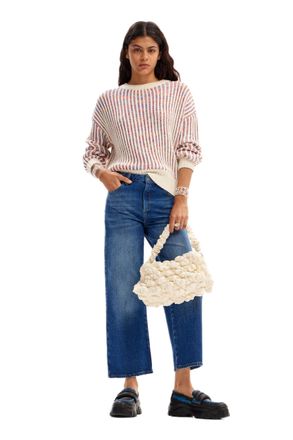 Desigual Womens Woman Flat Knit Thick Gauge Pullover Sweater, White, M