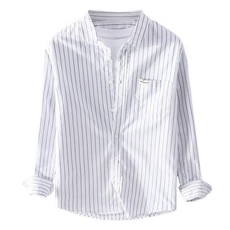 Generico Chemise d&eacute;contract&eacute;e &agrave; manches longues pour homme en coton &agrave; rayures verticales avec boutons et col roul&eacute;, blanc, XXXL