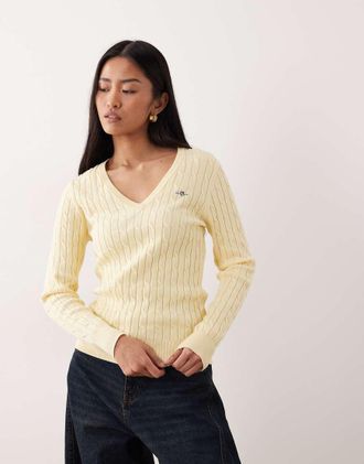 GANT Strickpullover in Vanille mit V-Ausschnitt und Zopfmuster-Gelb