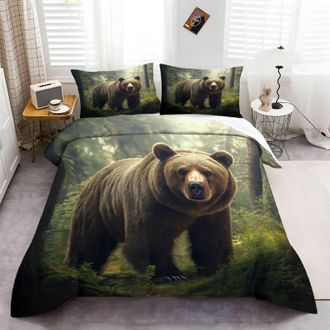 Generic Bettdecke Cover 135 &times; 200 cm Bettw&auml;sche Braun Gr&uuml;N Dschungeltier B&auml;R Drucken Schlafzimmer Atmungsaktiv Mikrofaser Bettw&auml;sche Bettbezug Mit Rei&szlig;verschl