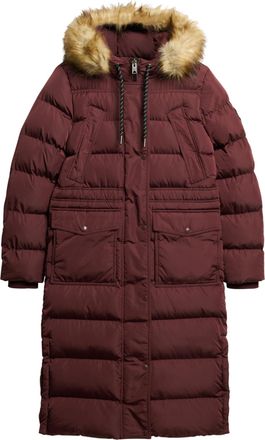 Superdry Damen Langer Everest Kunstfellmantel Albarn Ton Burgunderrot 44