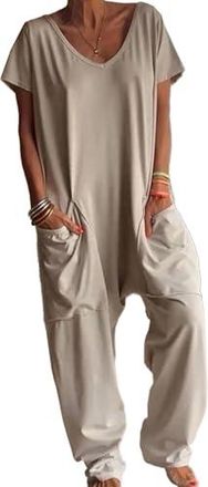 Generic Combinaison ample pour femme, col en V, manches courtes, style décontracté, ample, avec poches