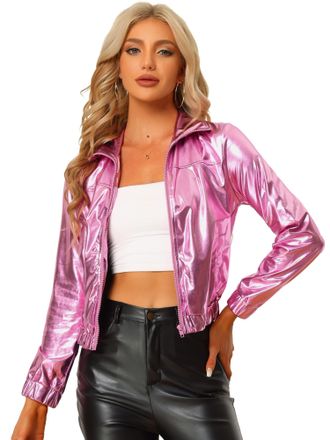 Allegra K Damen Party Jacke Langarm Rei&szlig;verschluss Club Holographic Metallic Jacken Rosa S