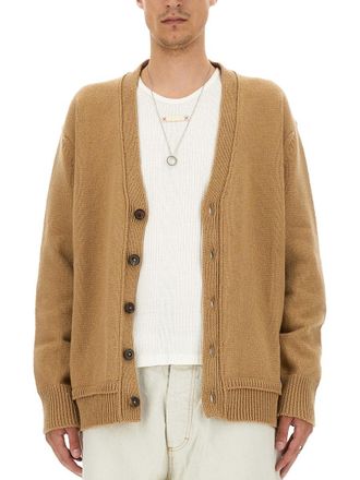 Maison Margiela Wool-Linen-Cotton Blend V-Neck Cardigan - Beige