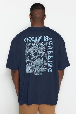 Trendyol MAN Jungen Dunkelblau Slogan Kurz Oversize Gro&szlig;e Gr&ouml;&szlig;en T-Shirts