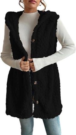 Generic Gilet à capuche en polaire double face pour femme, gilet long boutonné avec poches, cardigan dhiver décontracté, disponible en tailles S à 2XL, Noir, 