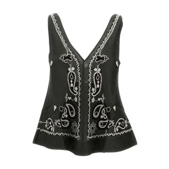 P.A.R.O.S.H. P.a.r.o.s.h., Femme, Tops, Vert, Taille: 40 FR Haut en lin brod&eacute;