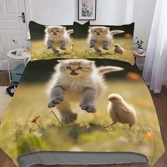 Generic Housse de Couette 240 x 260 Chat Parure de Lit 2 Personnes Animaux de Compagnie Mignons 3 Pièces Housse Couette en Microfibre Douce Imprimé 3D avec 2 