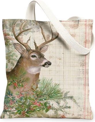 Generic Sacs fourre-tout en toile de cerf, sacs d&eacute;picerie r&eacute;utilisables, motif animaux sauvages rustiques, sac d&eacute;picerie vintage, nature, lavable, toile F, be