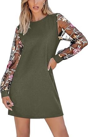 Cupshe Mini robe d&eacute;contract&eacute;e &agrave; col rond et manches longues en tricot floral pour femme, vert olive, Taille S