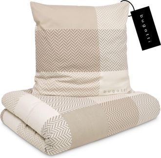 Bugatti 2in1 Bettwäsche 135x200 cm - 100% Baumwolle Satin-Flanell Kombibettwäsche, Reißverschluss, anschmiegsam, weich & waschbar, Bettbezug beige Karo