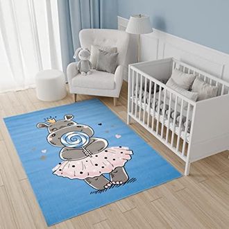 Tapiso Jolly Tapis de Chambre Enfant B&eacute;b&eacute; Jeu Design Moderne Bleu Gris Rose Hippopotame Fin Doux R&eacute;sistant 80 x 150 cm