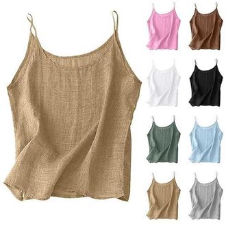 Generic Haut en lin pour femme - Haut d&eacute;t&eacute; pour femme - Sans manches - Lin - Bretelles larges - Haut camisole - Bretelles spaghetti - D&eacute;bardeur sexy - Coton -