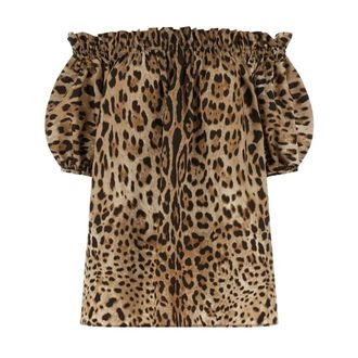 Dolce & Gabbana Femme, Blouses et Chemises, Multicolore, Taille: 36 FR Top en popeline &agrave; imprim&eacute; l&eacute;opard et manches courtes