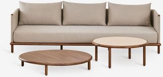 Sklum Wohnzimmerset mit einem 3-Sitzer-Sofa und zwei runden Couchtischen aus Olivia-Akazienholz Dunkles Holzbraun - Grie&szlig;beige - Sklum