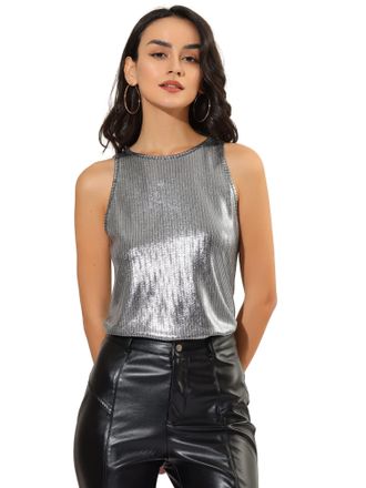 Allegra K Damen Halloween Kost&uuml;m Metallisch Gl&auml;nzend &Auml;rmellos Party Club Schimmer Weste TanktopDunkelsilber XS
