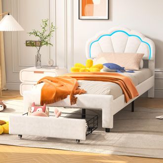 Generic Polsterbett Kinderbett 90 x 200 cm, Einzelbett mit LED und Schublade, Bett Mädchen mit verstellbares Kopfteil in Blumenform, kids bed Mehrere Stile, S