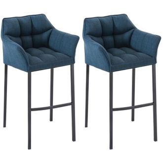 Clp Lot 2 tabourets de bar Damaso en Tissu avec support &agrave; 4 pieds Bleu Noir