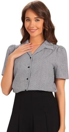 Allegra K Chemisier à Carreaux Femme Manches Courtes Col en V à Revers Blouse Vintage Boutonné Haut à Carreaux T-Shirts en Coton Noir S