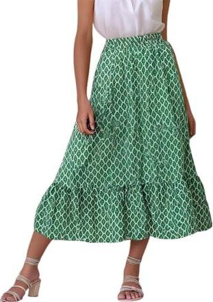 Generic Robe longue pliss&eacute;e style boh&egrave;me 2026 pour femme - Taille haute - &Eacute;lastique - Pour l&eacute;t&eacute;, la plage, Vert, M