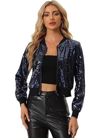 Allegra K Blouson &agrave; Paillettes Femmes Veste &agrave; Sequin &agrave; Manches Longues Bomber Aviateur Zipp&eacute; Brillante pour Soir&eacute;e et Disco Marine XL