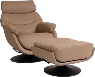Hhg Relaxsessel mit Hocker HHG 356, Fernsehsessel Sessel, Wippfunktion drehbar, Metall Echtleder/Kunstleder taupe
