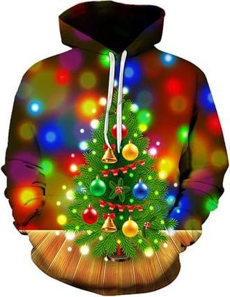 Generic Hommes Pulls De No&euml;l,Impression 3D Arbre De No&euml;l Cr&eacute;atif Pull Moche Noel Sweat Noel Adulte &Agrave; Capuche 3D Renne &Agrave; Capuche Pulls Top Arbre No&euml;ls Elf Pull