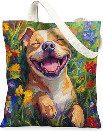 Generic Sac fourre-tout en toile motif chien Pitbull printanier pour faire du shopping, 33 x 38,1 cm, sac d&eacute;picerie r&eacute;utilisable pour femme, motif animal de c