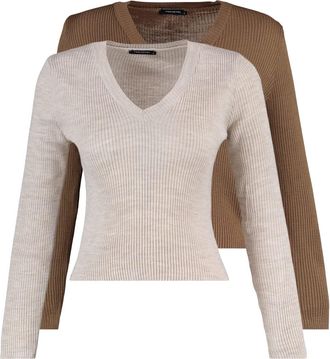 Trendyol Damen Braun-stein-v-ausschnitt 2 Paket Crop Knitwear Sweatshirt Sweater, Brown - Stone, L EU