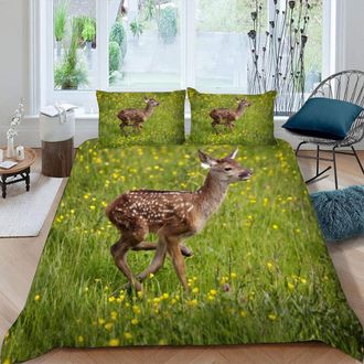 Generic Hirsch Bettw&auml;sche 155x220 3D Drucken Gelbe Blumen auf der Wiese Bettw&auml;sche-Sets Weiche Kuschelig Mikrofaser Bettbezug mit 2 Kissenbez&uuml;ge 80x80 cm mit 