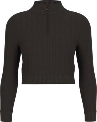 Guess Femme, Pulls, Noir, Taille: 38 FR Pull Court en Tricot C&ocirc;tel&eacute; &agrave; Demi-Fermeture &Eacute;clair et Motifs de C&acirc;bles
