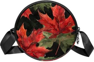 Generic Petit sac &agrave; bandouli&egrave;re circulaire pour femme, motif feuilles d&eacute;rable avec fermeture &eacute;clair, bretelles r&eacute;glables, sac &agrave; main rond d&eacute;contract&eacute; pour fem