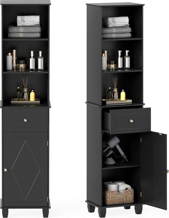 Giantex Hochschrank 172 cm, Schmaler Badschrank mit 3 offenen Regalen, 1 Schublade, 1 T&uuml;r & Verstellbarer Ablage, 40 x 30 cm Freistehender Badezimmerschrank f