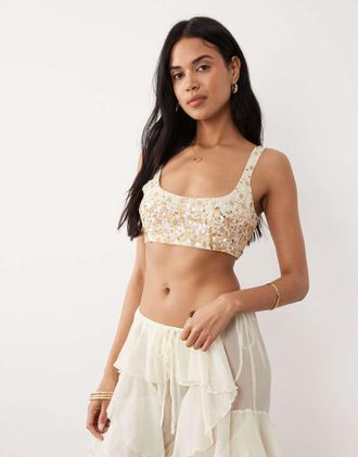 Miss Selfridge Brassi&egrave;re de plage &agrave; sequins de qualit&eacute; sup&eacute;rieure - Cr&egrave;me et dor&eacute;-Blanc
